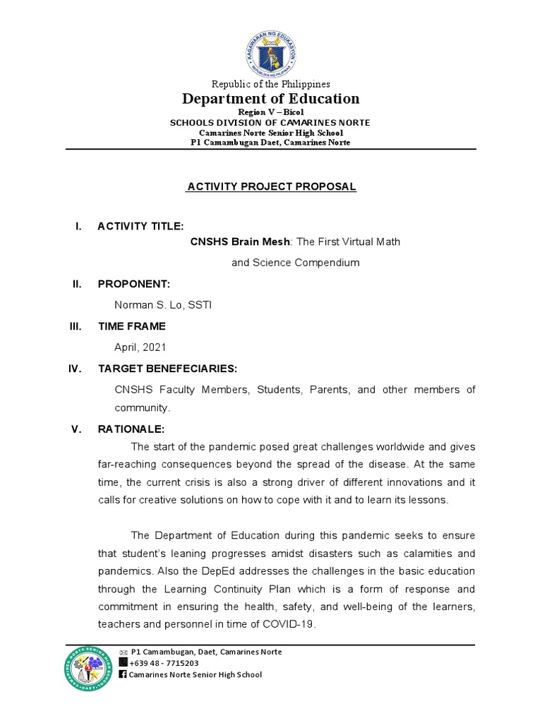 Department of Education: Activity Project Proposal | PDF | Human Nature