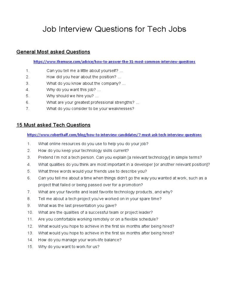 Job Interview Questions For Tech Jobs | PDF | Job Interview | Interview