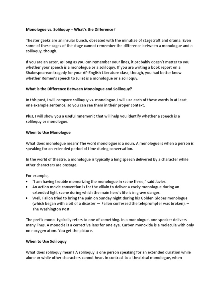 Monologue vs. Soliloquy - What's The Difference? | PDF | Monologue ...