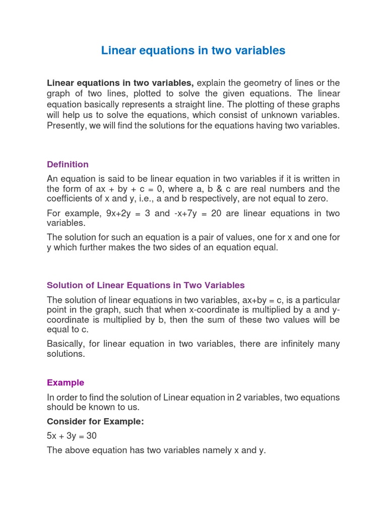 Linear Equations in Two Variables, Explain The Geometry of Lines or The ...