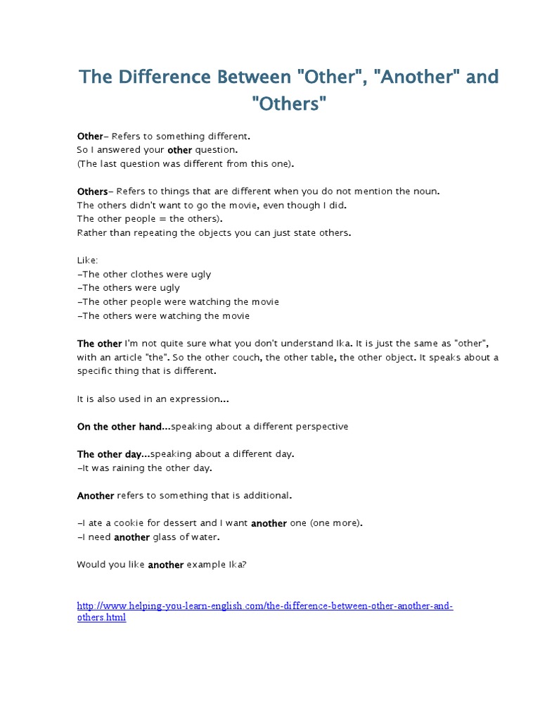 Difference Between Other, Another and Others in 40 Characters | PDF ...