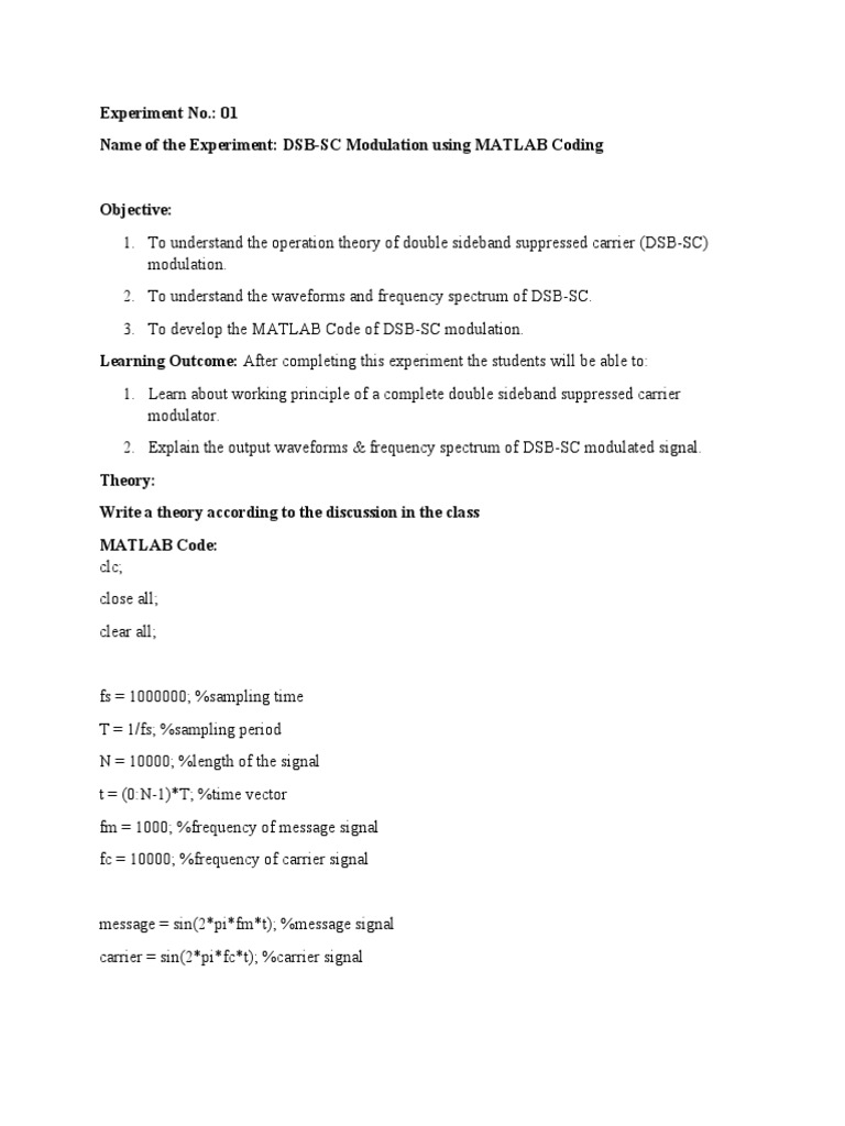 Experiment No.: 01 Name of The Experiment: DSB-SC Modulation Using ...