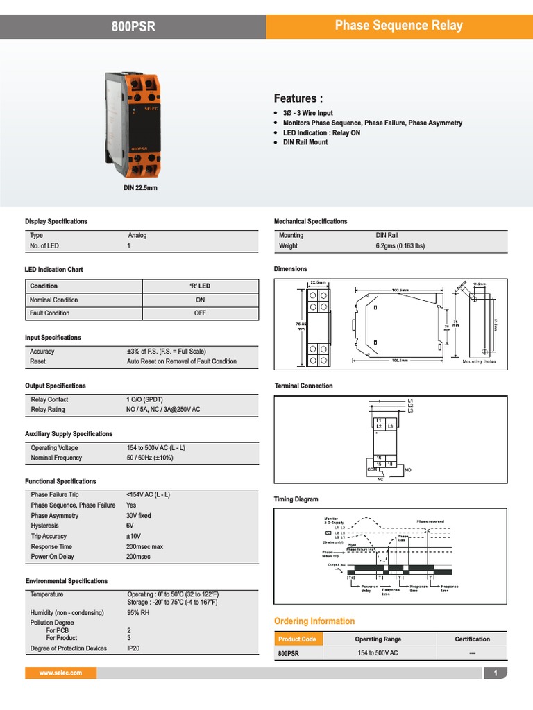 Phase Sequence Relay 800PSR: Features | PDF | Relay | Alternating Current