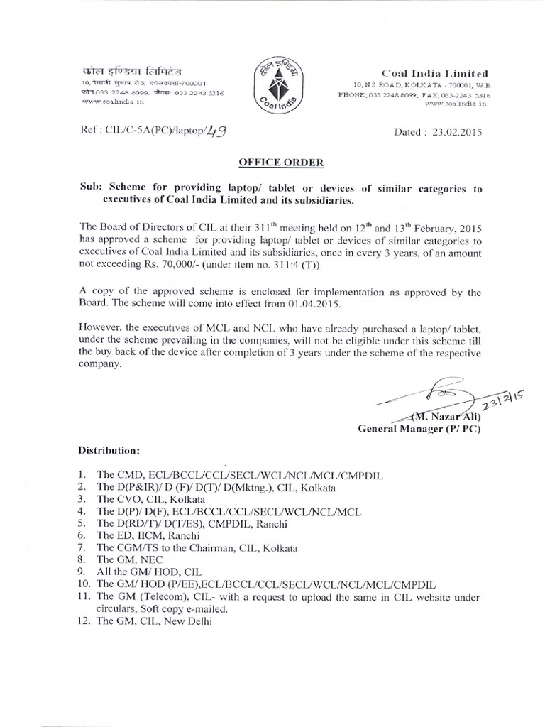 Scheme For Providing Laptop Tablet To Executives of CIL & Subsidiaries ...