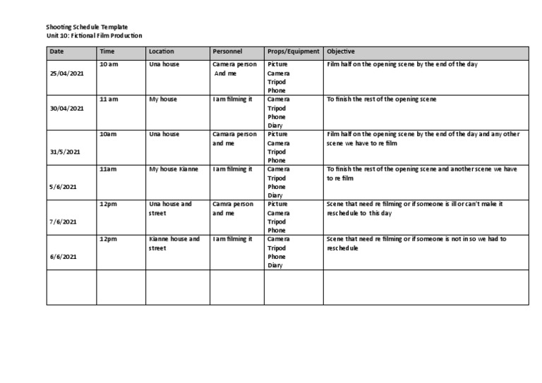 Film Production Shooting Schedule | PDF | Crafts | Glass Engineering ...
