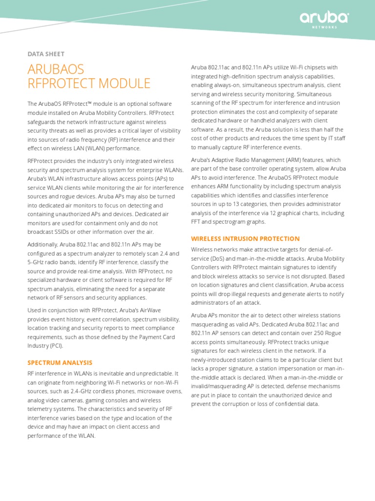 Arubaos Rfprotect Module: Data Sheet | PDF | Wireless Lan | Ieee 802.11