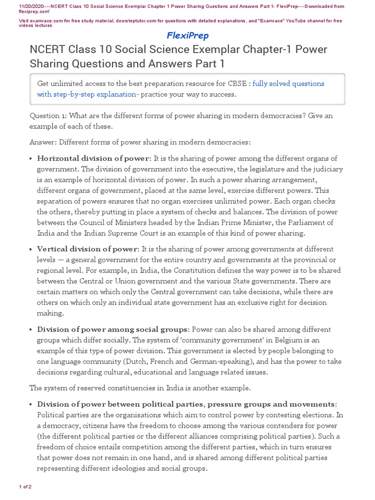 NCERT Class 10 Social Science Exemplar Chapter-1 Power Sharing ...