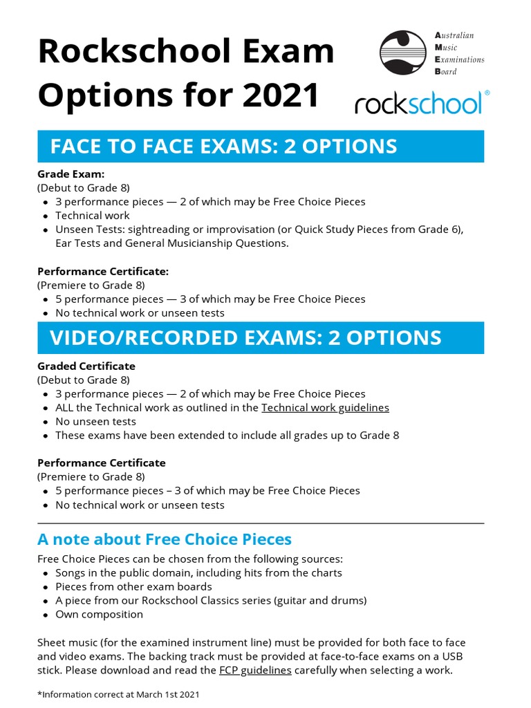 Rockschool Exam Options For 2021: Face To Face Exams: 2 Options | PDF