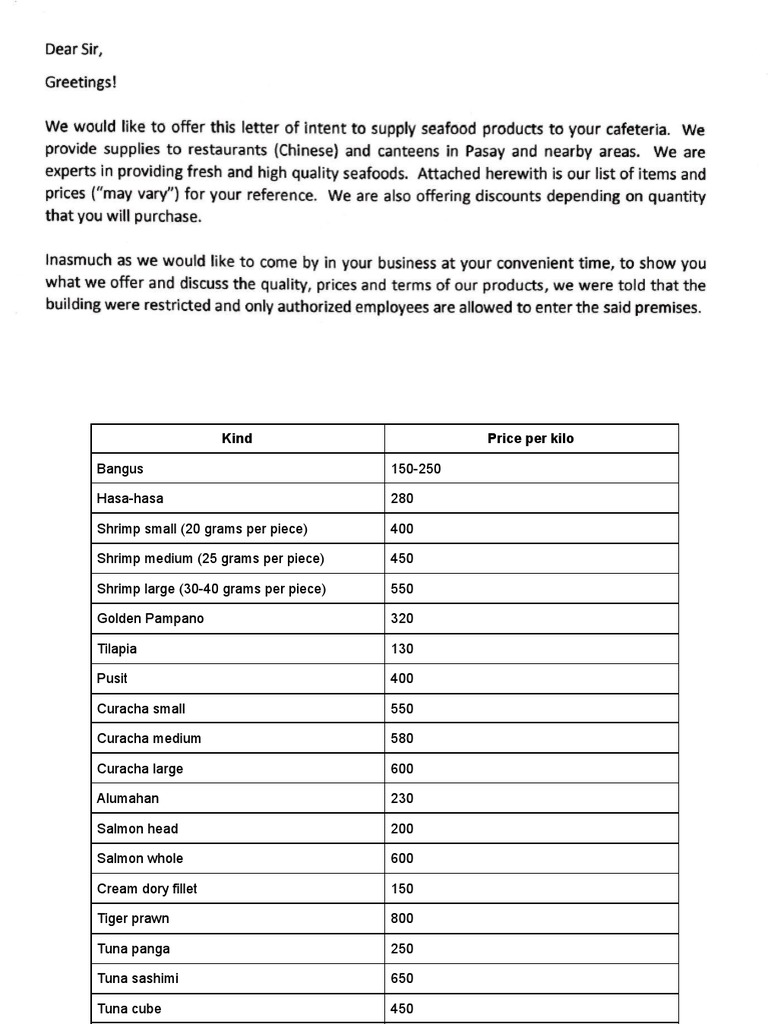 Proposal Letter Seafood | PDF