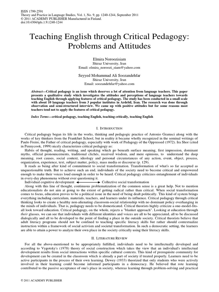 Teaching English Through Critical Pedagogy Problems and Attitude | PDF | English As A Second Or ...