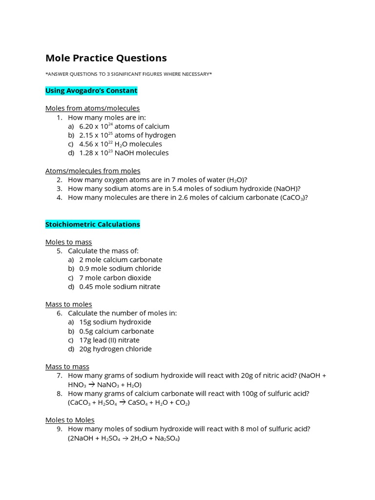 Mole Practice Questions | PDF