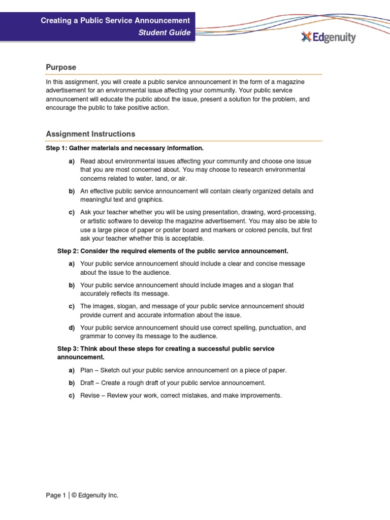 Purpose: Creating A Public Service Announcement | PDF | Learning ...