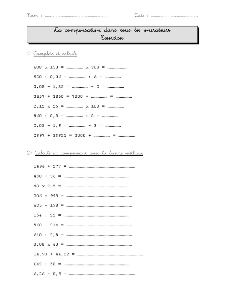 Calcul Mental Compensation Exercices | PDF