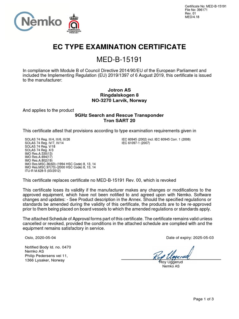 Ec Type Examination Certificate: MED-B-15191 | PDF | Business