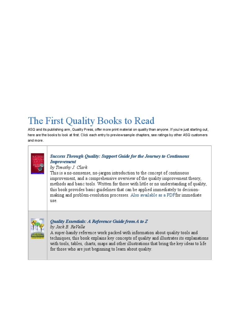 The First Quality Books To Read | PDF | Books | Quality Management