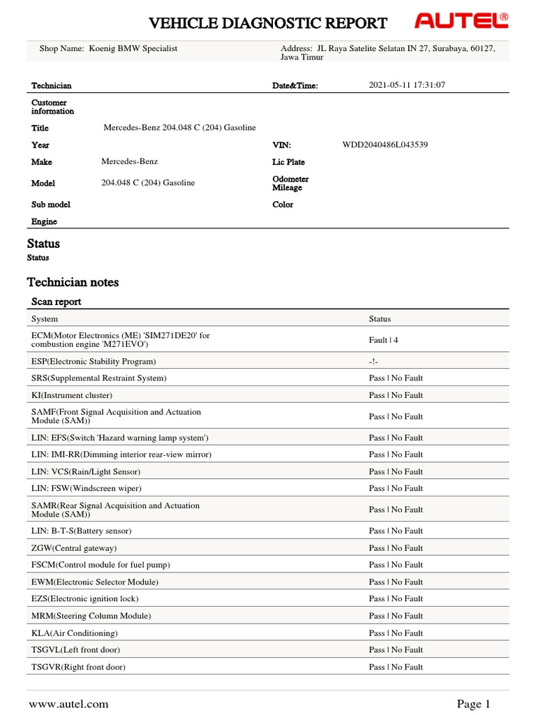Vehicle Diagnostic Report: Status | PDF | Engines | Wheeled Vehicles