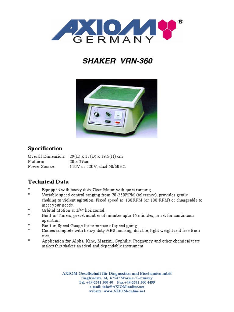 Axiom Shaker VRN-360 Specifications | PDF
