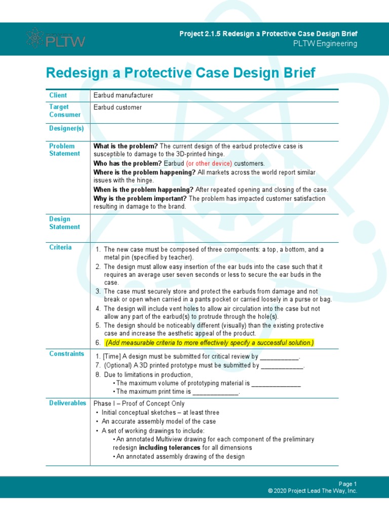 Ied 215 Redesignprotectivecasedesignbrief | PDF | 3 D Printing | Headphones