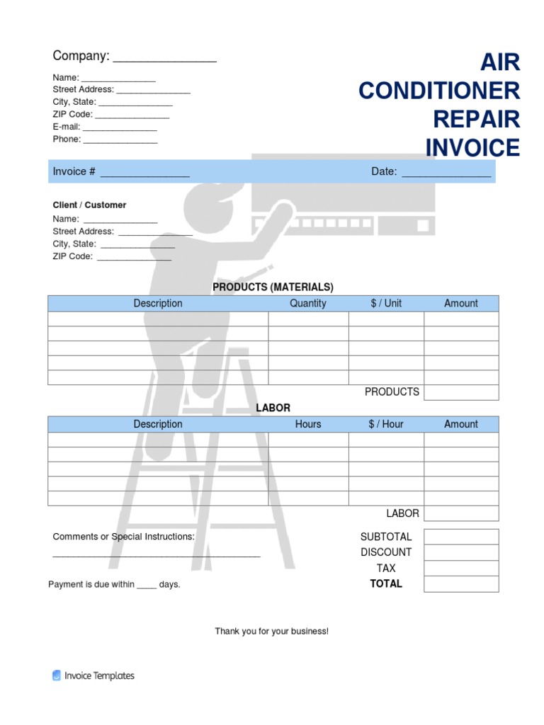 Air Conditioner Repair Service Invoice Template | PDF