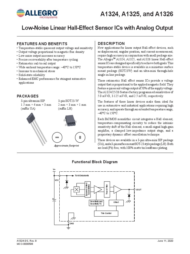 Low-Noise Linear Hall-Effect Sensor Ics With Analog Output: A1324, A1325, and A1326 | PDF ...