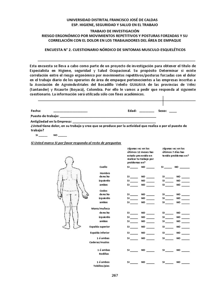ANEXO #5. Cuestionario Nórdico de Sintomas Musculo-Esqueleticos | PDF ...