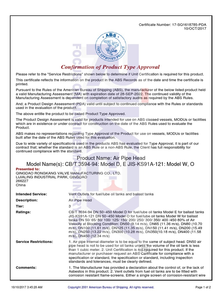 Air Vent Head-Abs Type Approval Certificate RK | PDF | Business