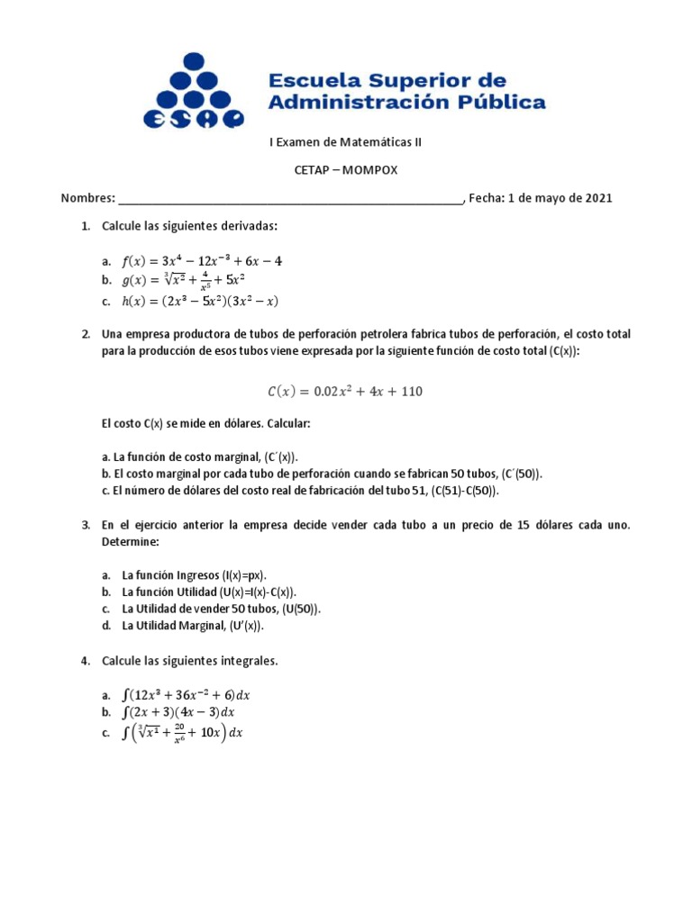 I Examen de Matematicas II | PDF