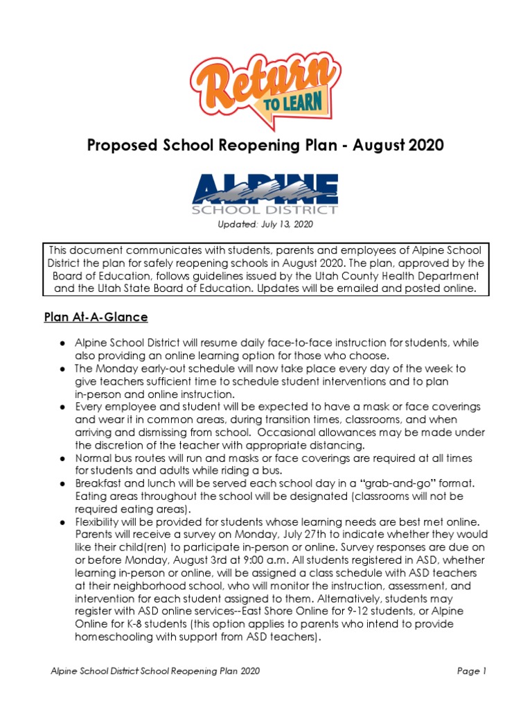 Proposed School Reopening Plan - August 2020: Plan At-A-Glance | PDF ...