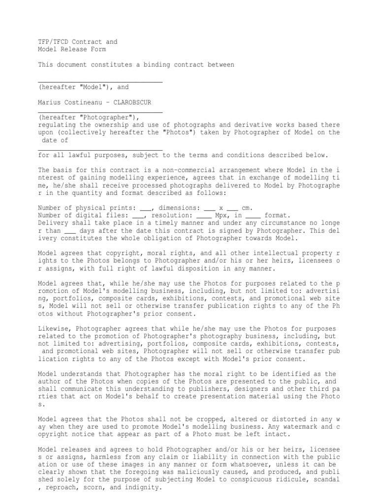 TFP Model Form | PDF | Photographer | Copyright