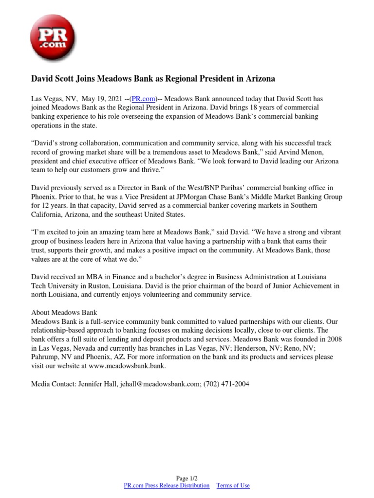 David Scott Joins Meadows Bank As Regional President in Arizona | PDF ...