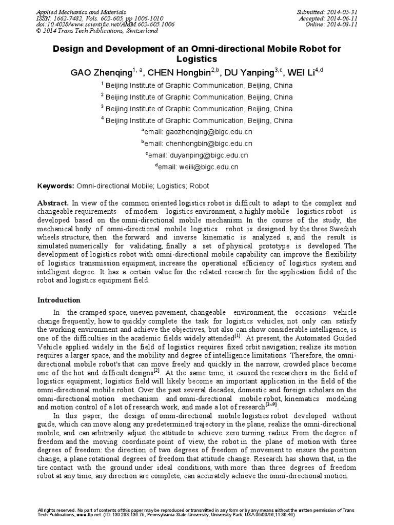 Design And Development Of An Omni Directional Mobile Robot For Logistics Pdf Kinematics Speed