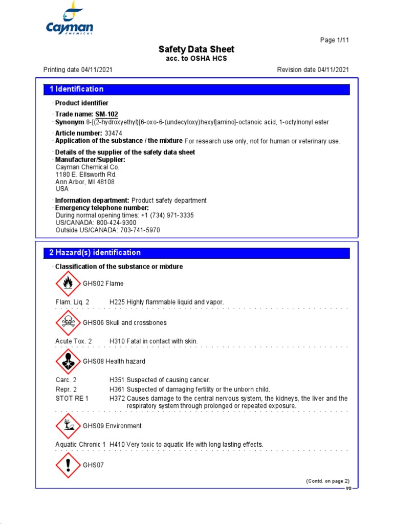 Safety Data Sheet Acc. To OSHA HCS | PDF | Toxicity | Dangerous Goods
