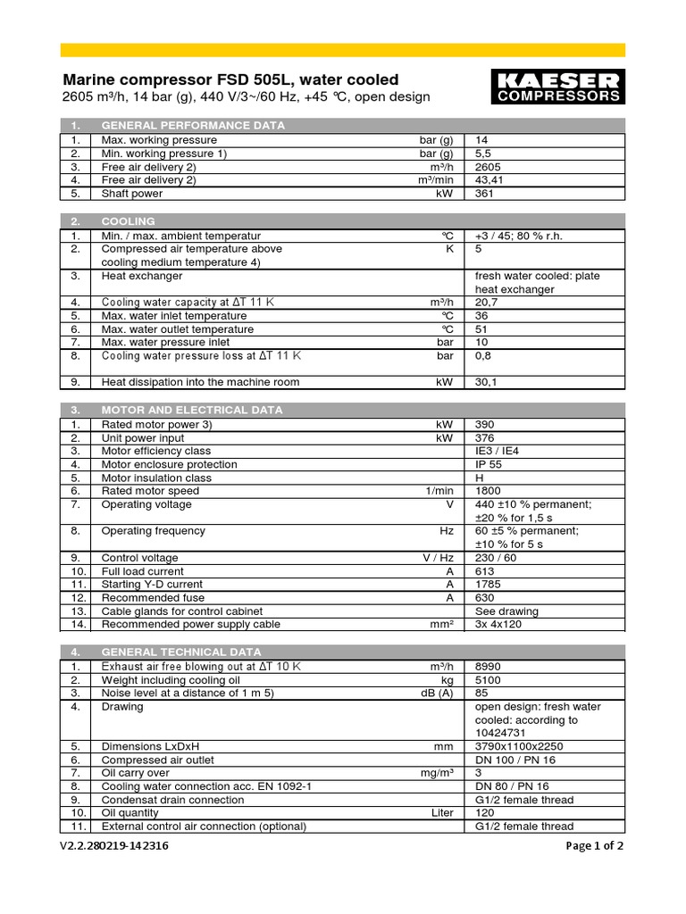 Marine Compressor FSD 505L Specs | PDF | Air Conditioning | Electric Motor