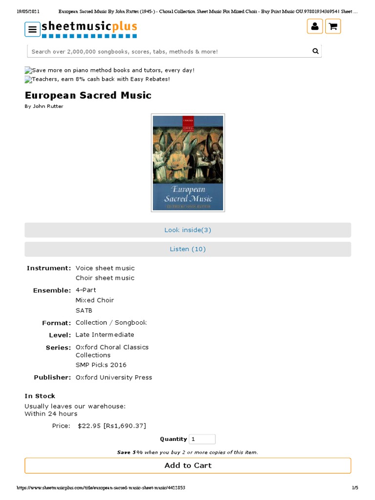 European Sacred Music by John Rutter (1945-) - Choral Collection Sheet ...