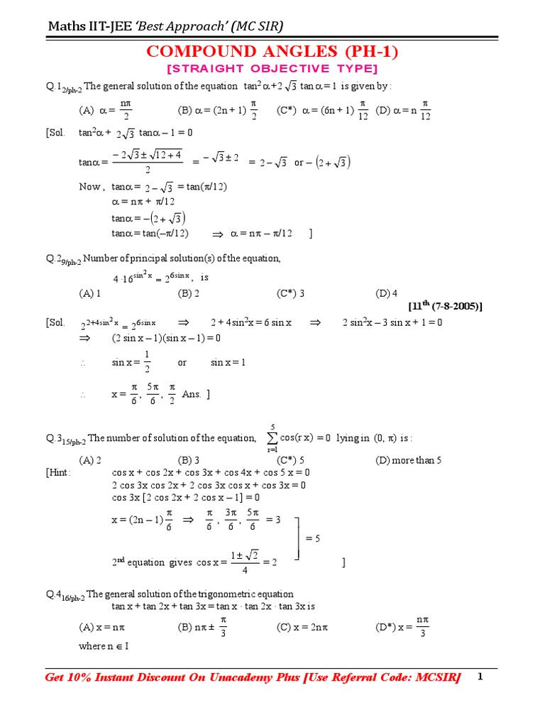 Compound Angles (Ph-1) : Maths IIT-JEE Best Approach' (MC SIR) | PDF ...