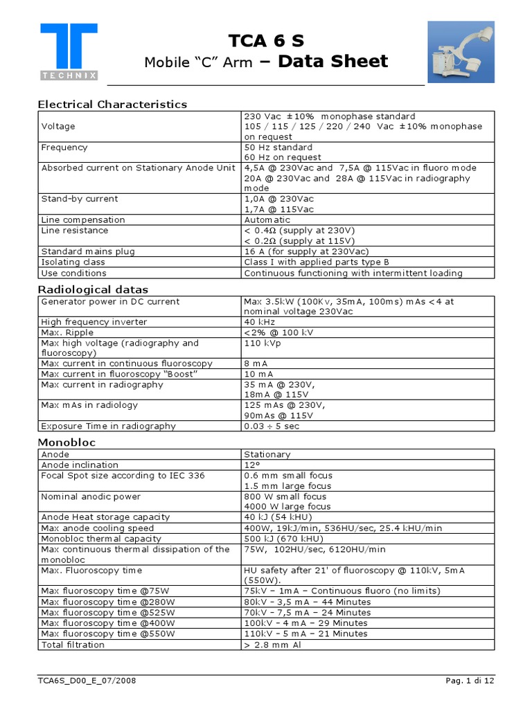 Tca 6 S - Data Sheet: Mobile "C" Arm | PDF | Video | Mains Electricity
