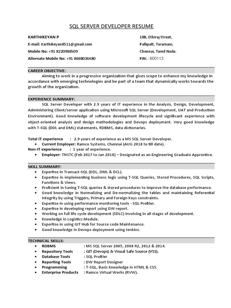 SQL Server Developer Resume: Karthikeyan P | PDF | Microsoft Sql Server | Sql