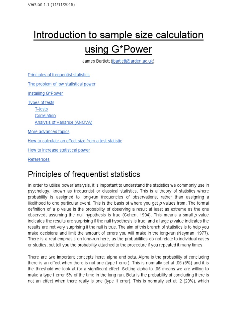Introduction To Sample Size Calculation Using G Power: Principles of ...