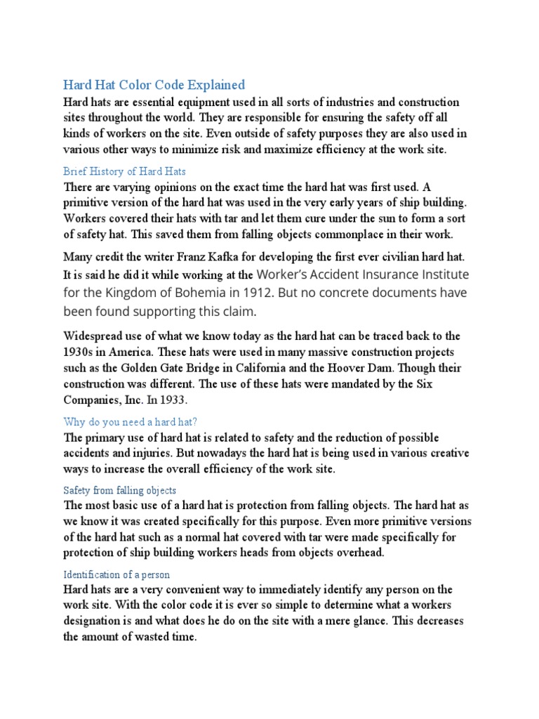 Hard Hat Color Code Explained | PDF | Safety | Employment