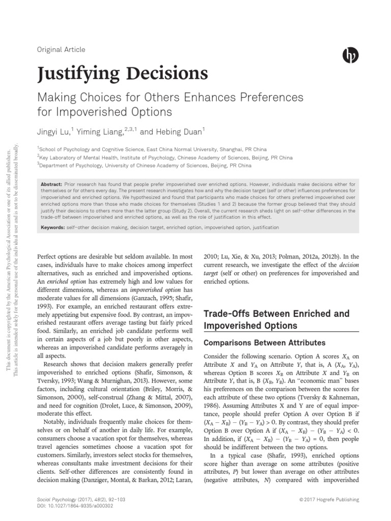 Justifying Decisions | PDF | Psychology | Psychological Concepts