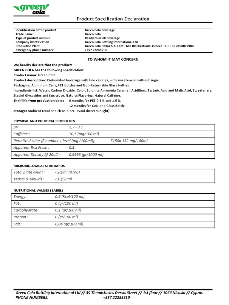 Product Specification Declaration: To Whom It May Concern | PDF | Cola ...