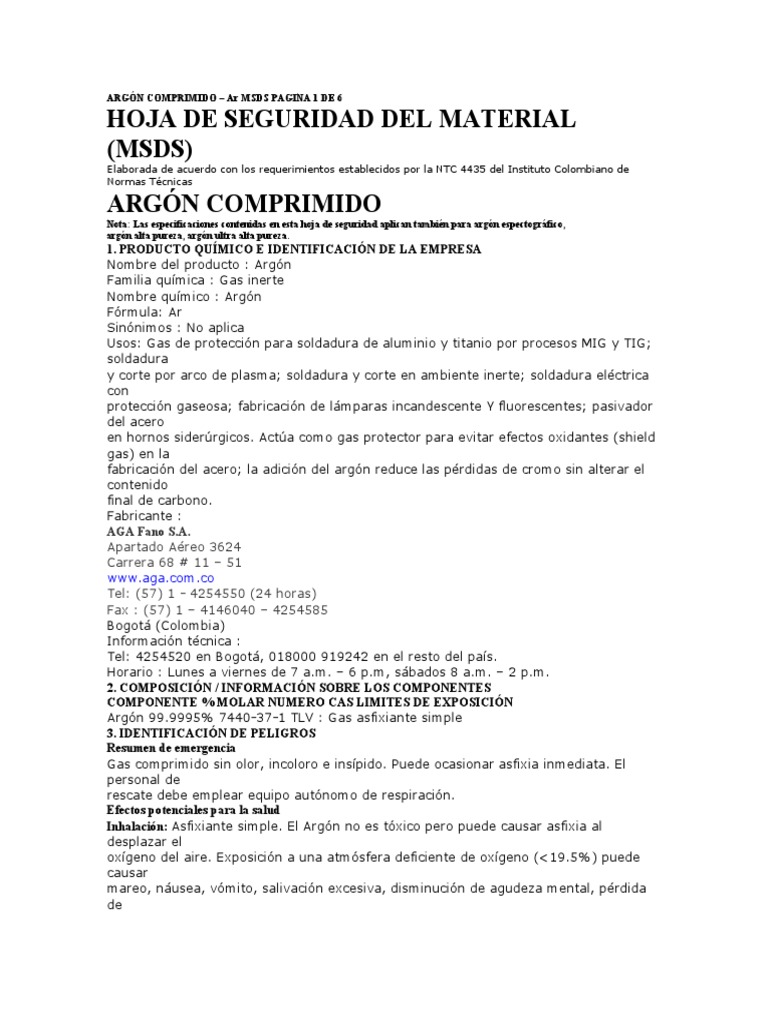 MSDS Argón Comprimido | PDF | Argón | Oxígeno