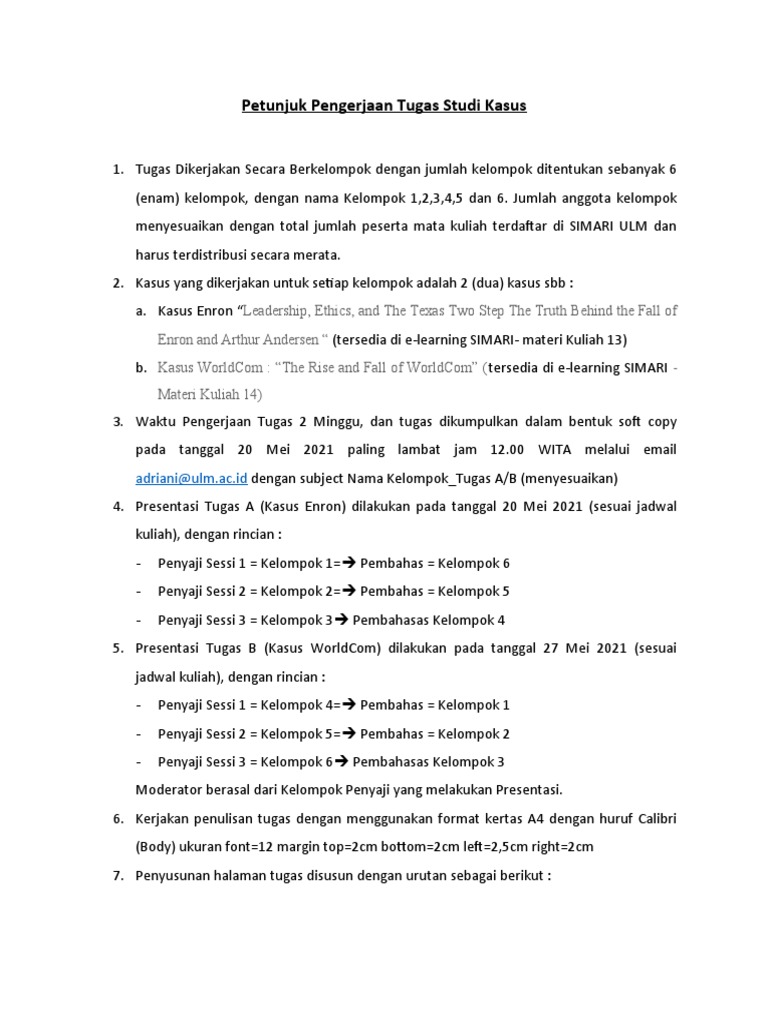 Petunjuk Pengerjaan Tugas Studi Kasus | PDF