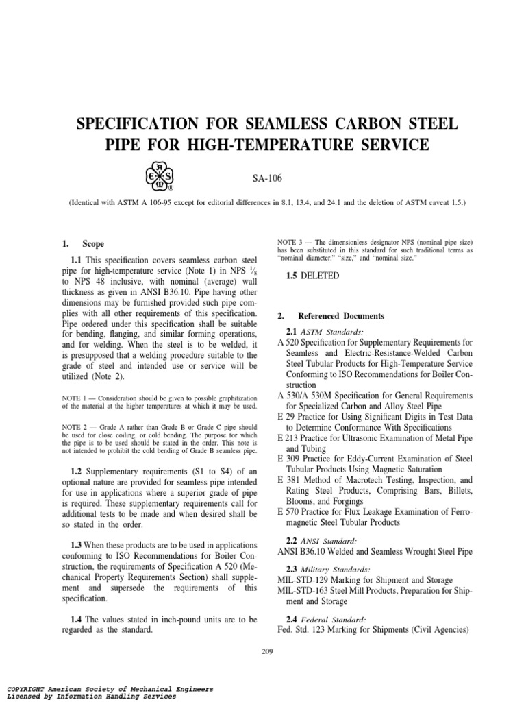 ASME Secc II A SA-106 Specification For Seamless Carbon Stee | PDF ...
