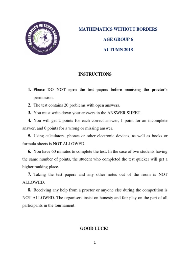 Mathematics Without Borders Age Group 6 AUTUMN 2018 | PDF | Space | Number Theory