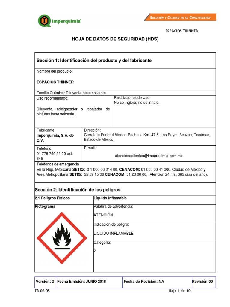 HDS Espacios Thinner | PDF | Metanol | Vómitos