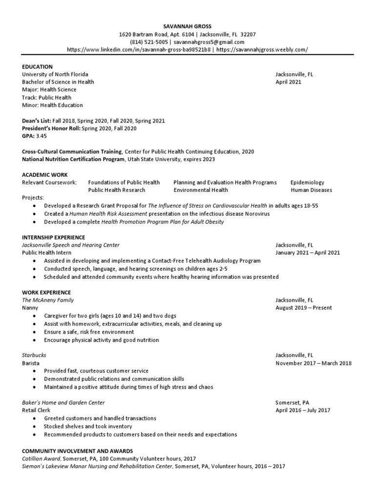 Savannah Gross Resume | PDF | Public Health | Health Care