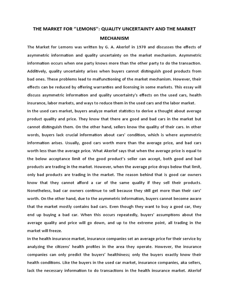 The Market For 'Lemons'': Quality Uncertainty and The Market Mechanism ...