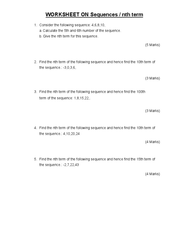 Worksheet on Finding the Nth Term