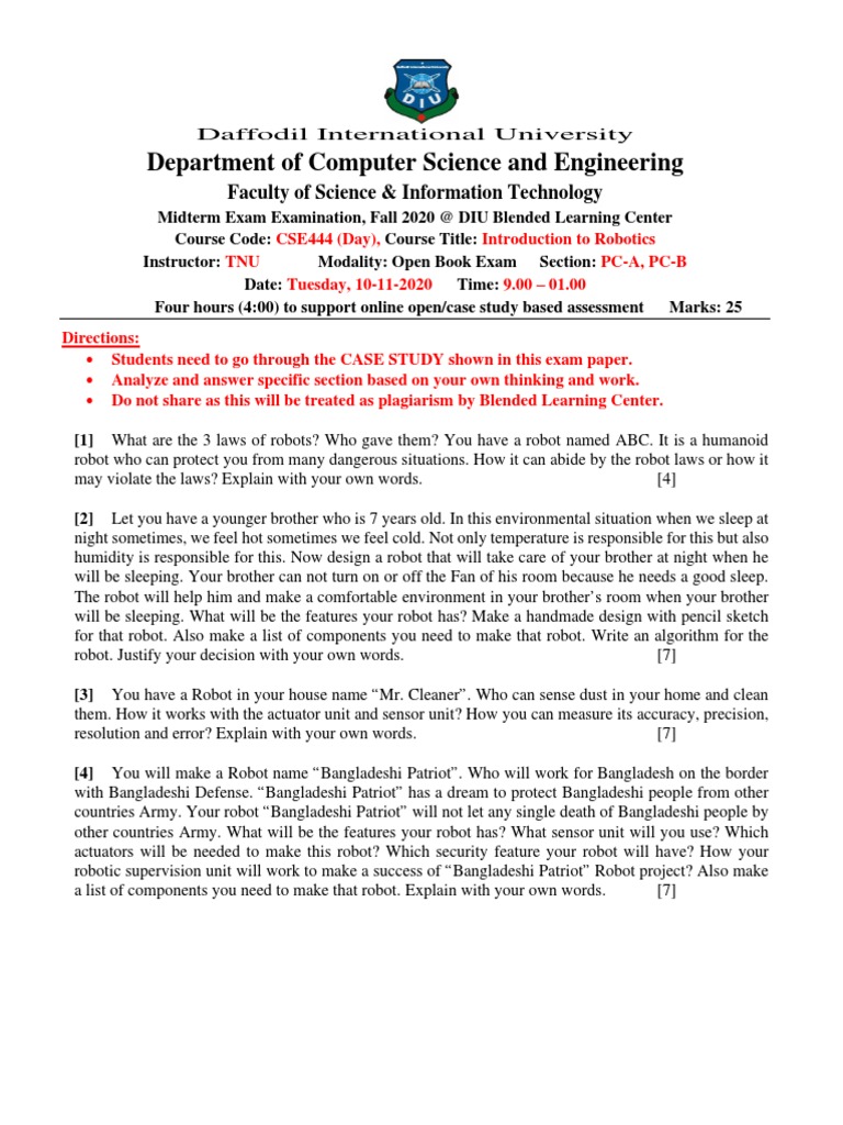 DIU Robotics Midterm Exam Case Study Answers | PDF | Robot | Robotics
